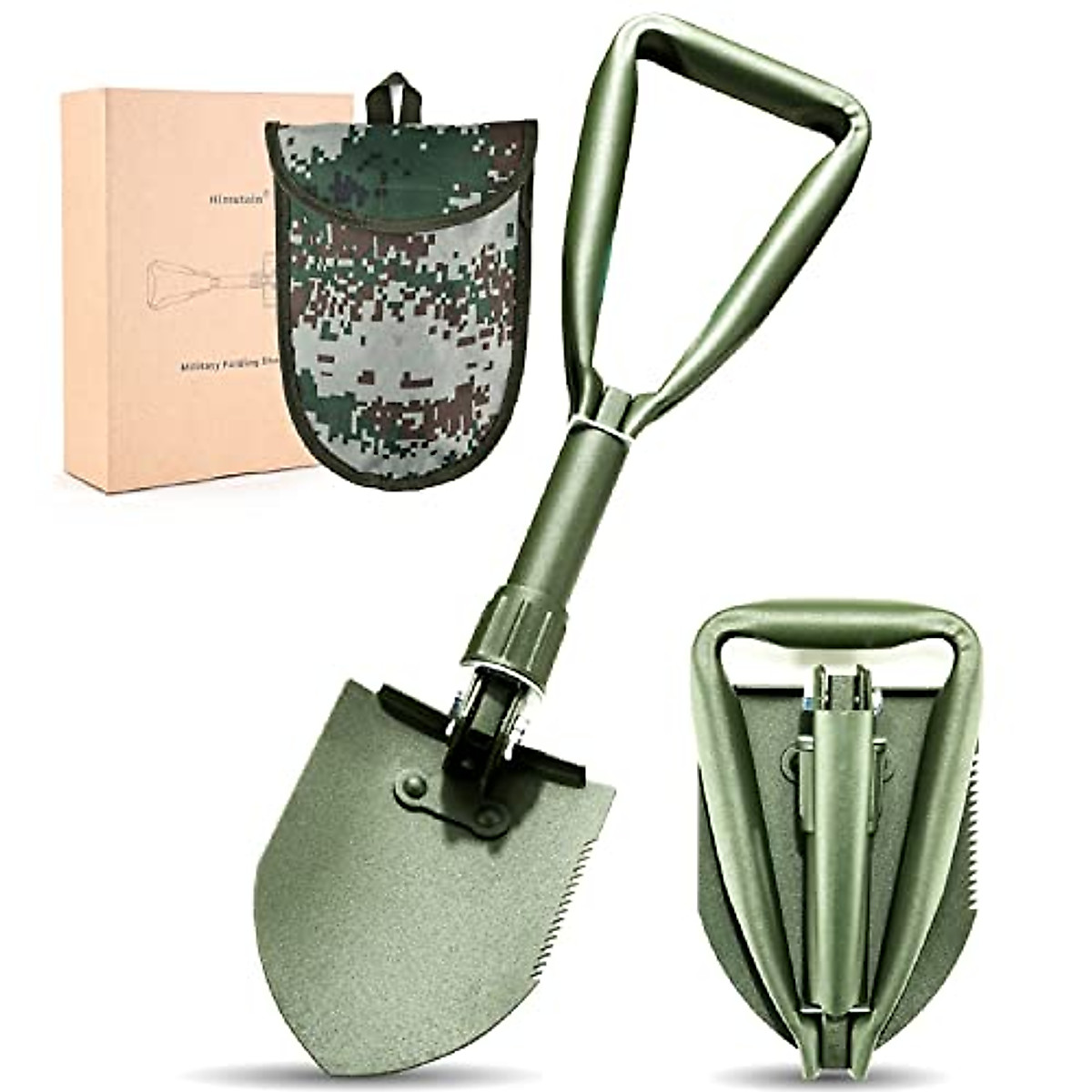 Himutain 18.5'' Military Folding Camping Shovel, w/Pick Foldable Tactical Shovel for Gardening, Camping, Hiking, Outdoor, Backpacking, Emergency (Olive)