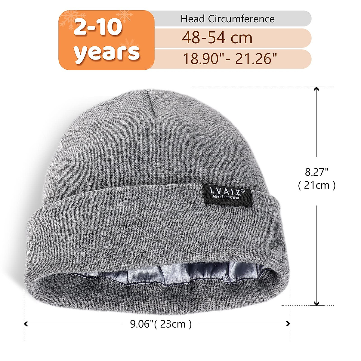 Lvaiz Kids Winter Satin Lined Beanie Hats Toddler Warm Cuffed Hat with Silky Lining Children Knitted Watch Hat Grey