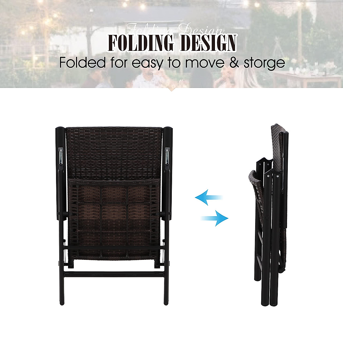 PHI VILLA Patio Wicker Dining Chairs Set of 2, Adjustable Folding Patio Chairs Outdoor Rattan Wicker Chairs for Deck, Porch, Poolside, Yard