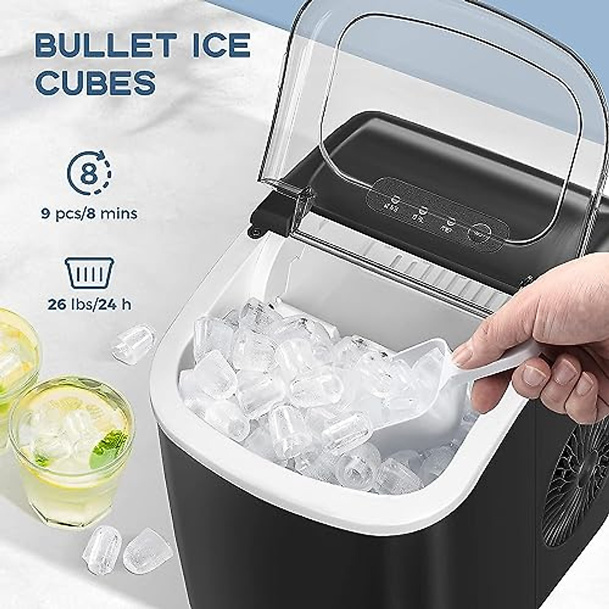 Countertop Ice Maker Machine, Portable Ice Maker with Handle, 27lbs/24Hrs, 6Mins/9 Pcs ice Cubes, Self-Cleaning Ice Maker with Ice Basket/Scoop, Ice Makers Countertop for Home/Kitchen/Office(Black)