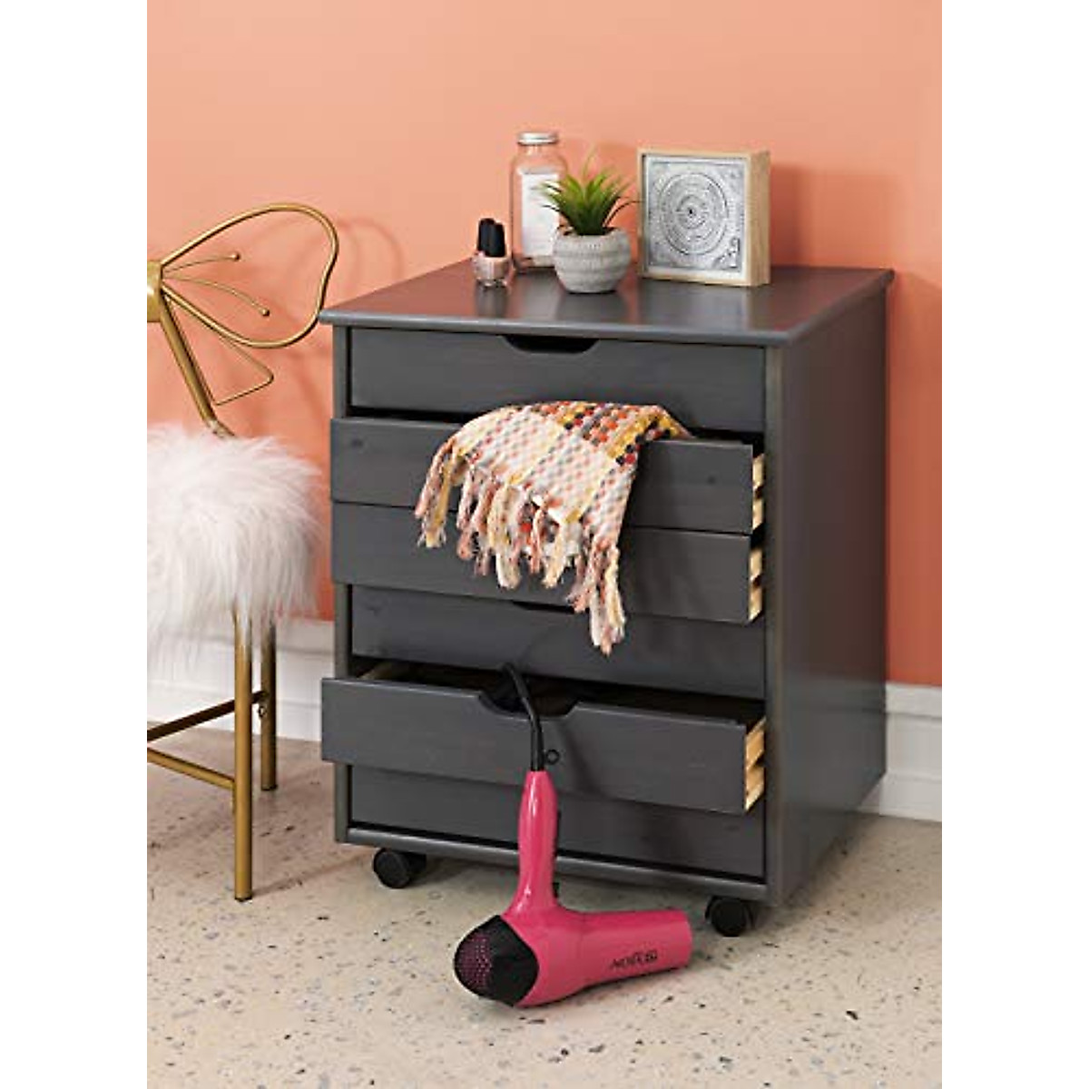 Linon Home Decor Products Corinne Six Drawer Wide, Grey Rolling Cart