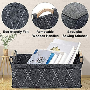 Small Storage Baskets Foldable Rectangle Containers Empty Gift Basket for DVD CD Record Cord Books Video Electronics Items Remote TV Cabinet Organizer with Wooden Handles