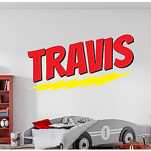 Custom Name Superhero Wall Decal - Superhero Name with Lightning Bolt Sticker - Personalized Superhero Name Wall Sticker - Superheroes Nursery Wall Decor - Wall Decal For Nursery bedroom Decoration (Mini Wide 15"x9")