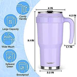 BesWin 40 oz Tumbler with Handle and Straw, Stainless Steel Vacuum Insulated Tumbler with Straw Lid - Travel Coffee Mug Iced Coffee Cup - Keeps Cold for 36 Hours, Leakproof - 40 oz, Pale Pink