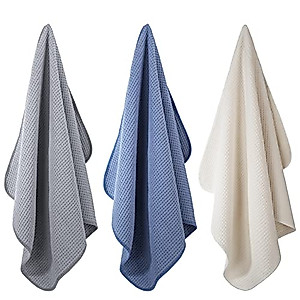 POLYTE Premium Microfiber Kitchen Dish Hand Towel Waffle Weave 12 Pack (16x28 in, Dark Blue, Gray, Off White)