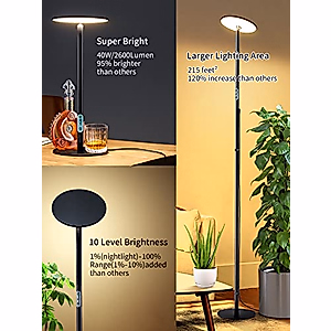 chiphy Floor Lamp, All Metal Standing Lamp, 40W/2600LM Dimmable Grow Light, Eye Protection Natural Sunlight, 69" Heights Adjustable Tall Lamp for Living Room,Bedroom,Reading,Piano,Sofa