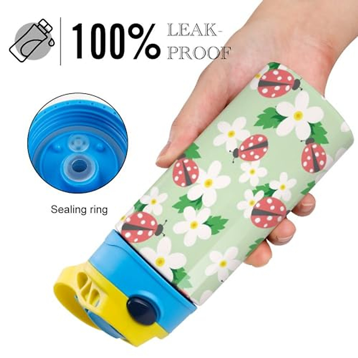 Kids Water Bottle with Straw Lid Small Flower with Ladybug Print 12 Oz/350 Ml Stainless Steel Reusable Thermos Bottles