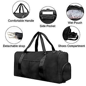 TINNIVI Sports Gym Bag Travel Duffel Bag Waterproof Weekender Overnight Tote Carry On Bag with Wet Pocket & Shoes Compartment for Men Women Lightweight Adjustable Strap (Black)