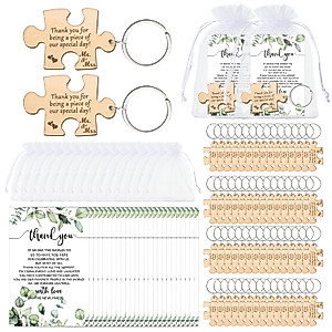 Sintuff 100 Sets Wedding Favors for Guests Rustic Wood Puzzle Keychain Thank You Card Organza Bag Wedding Party Bridal Shower Souvenir (Natural Wood)