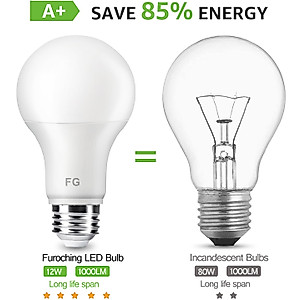 Furoching LED Light Bulb, 80 Watt Equivalent A19 LED Bulb, 12W 6500K Daylight White Non-Dimmable E26 Medium Base Light Bulbs for Home Bedroom Kitchen Living Room Office Lamp, Pack of 4