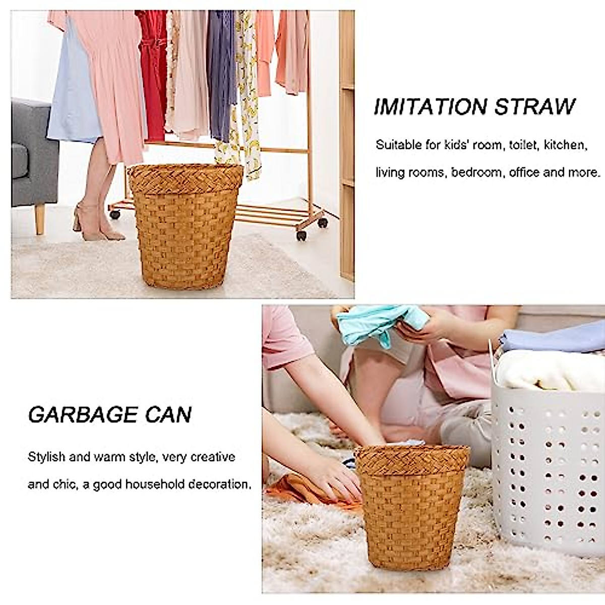 1pc Wood Basket Round Wicker Trash Can Wastebasket Handwoven Waste Paper Bin Rubbish Bin Trash Container for Bedroom Kitchen Bathroom Office Khaki Wicker Waste Basket for Home