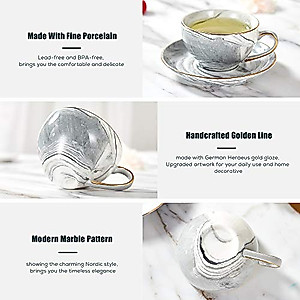DUJUST 21 pcs Small Tea Set of 6, Gray Marble Texture with Handcraft Golden Trim, Fine Porcelain Tea pot Set for Kids&Adults, 1 Glass Teapot(22oz), 6 Cups(4oz), 6 Saucers, 6 Spoons, 1 Shelf&1 Warmer
