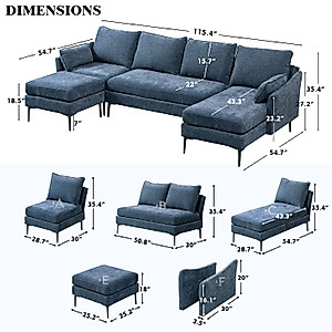 MELLCOM 115.4" Cloud Couch Sectional 4-Seat U Shaped Couch w/Chaise & Ottoman, Comfy Memory Foam Sectional Sofa in Washable Chenille Fabric, Modern Living Room Modular Sofa, Blue