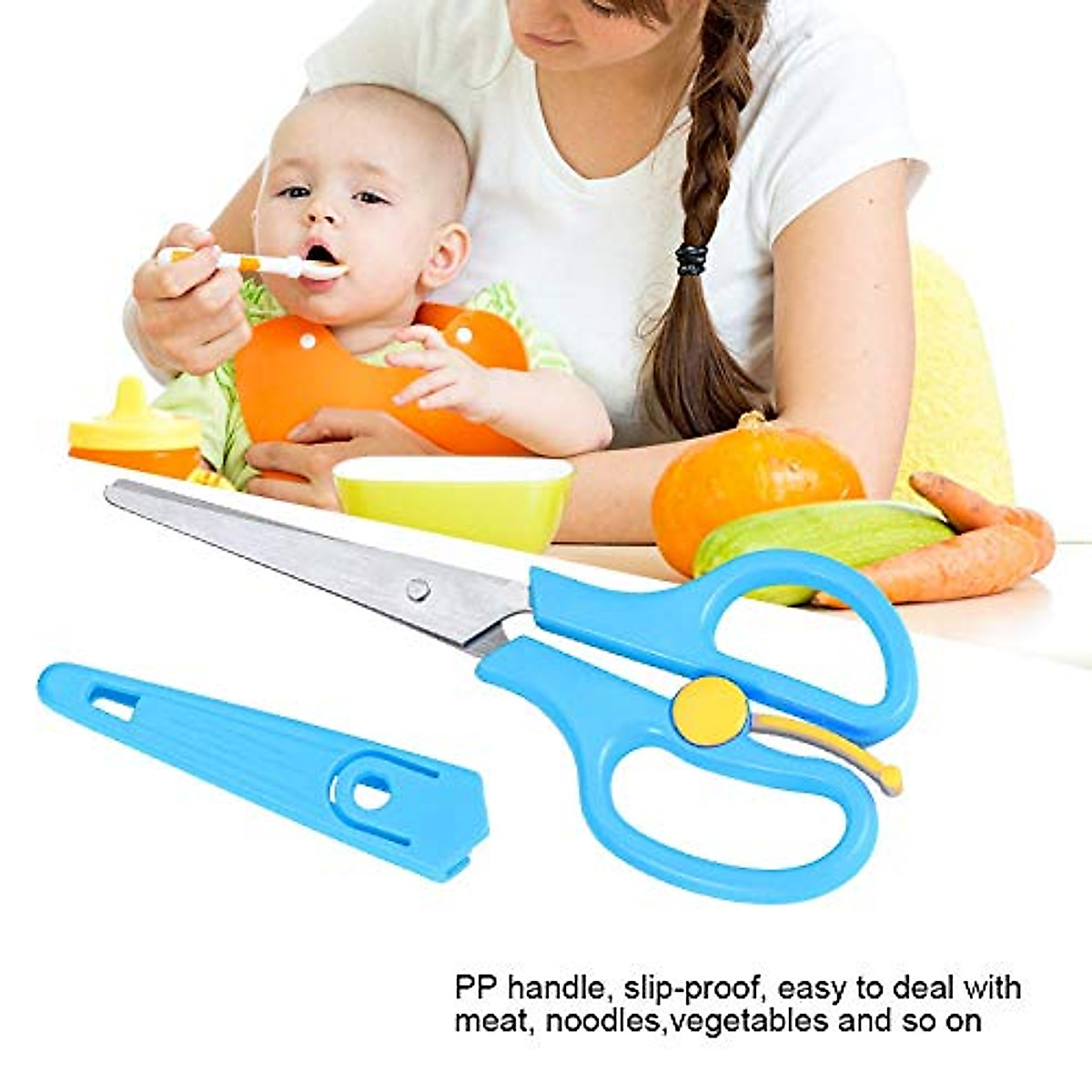 Food Shears Stainless Steel Baby Scissors Food Scissor with Plastic Cover for Toddlers, Preschool Training Kids Scissors(Blue)