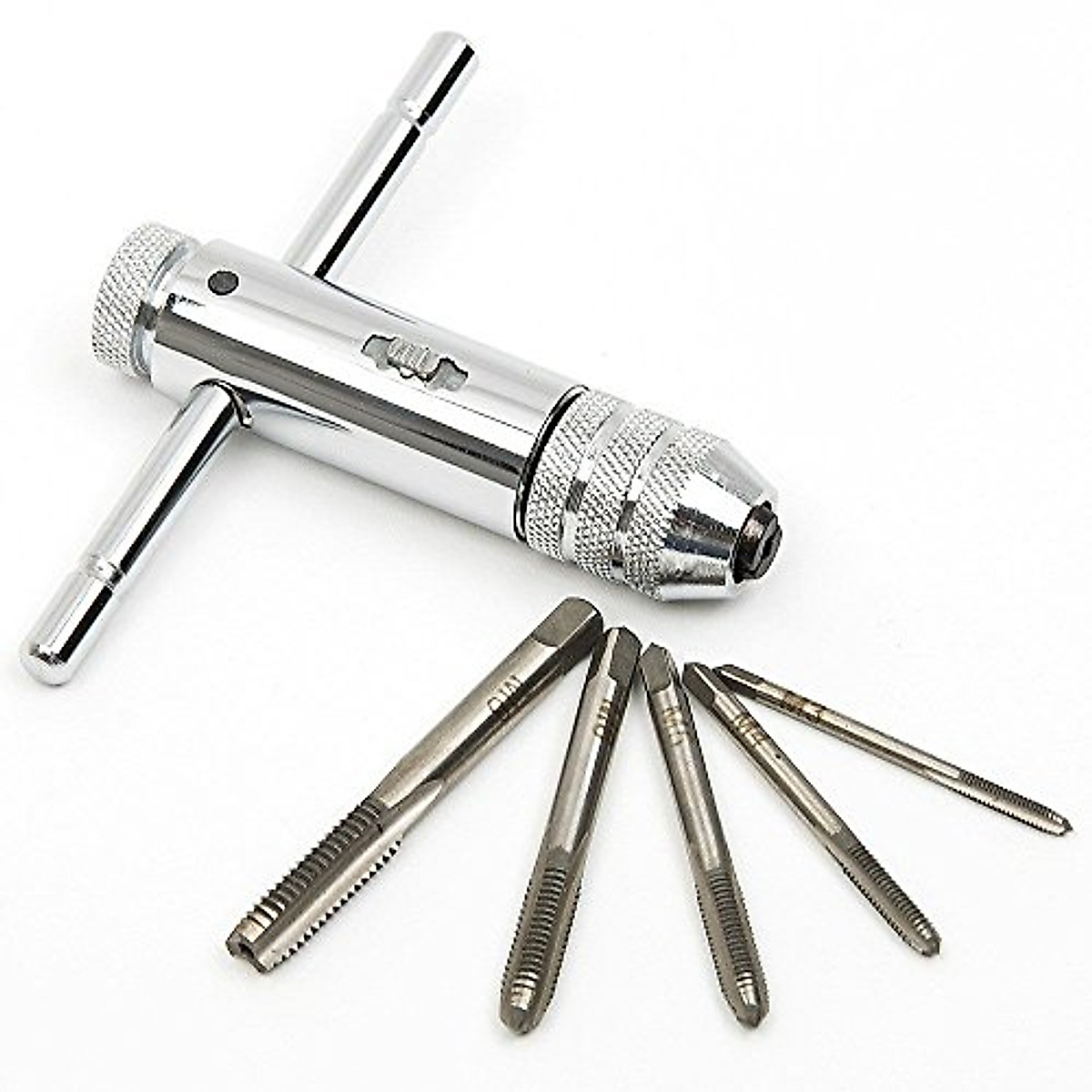 QISF Adjustable Silver T-Handle Ratchet Tap Holder Wrench with 5pcs M3-M8 3mm-8mm Machine Screw Thread Metric Plug T-shaped Tap