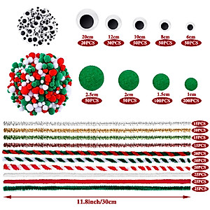 800 Pcs Christmas Pipe Cleaners Sets Include 200 Pcs 10 Colors Chenille Stems 200 Pcs 5 Sizes Self Adhesive Wiggle Googly Eyes 400 Pcs 4 Sizes Art and Crafts Pompoms for DIY Making (Fresh Color)