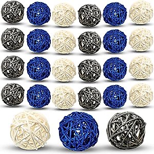 24 Pcs Rattan Balls 1.8 Inches Wicker Balls Orb Decorative Balls for Centerpiece Bowls Vase Fillers for Home Decor Glass Table Room Kitchen Aromatherapy Wedding Decorations, Dark Blue, Gray, White