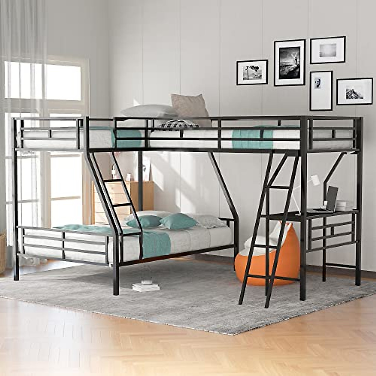 SOFTSEA L-Shaped Metal Triple Bunk Bed with A Loft Bed Attached for 3 Kids, Twin Over Twin Over Full Bunk Beds with Desk, No Box Spring Needed(L-Shaped 3 Bed)