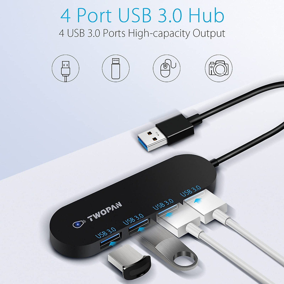 TWOPAN 4-Port USB 3.0 Hub, Ultra Slim USB Multiport Adapter for Laptop, Desktop, Mac, Surface Pro, XPS, Mouse, Keyboard, Flash Drive, U Disk, Printer - Plug and Play, High-Speed Data Transfer