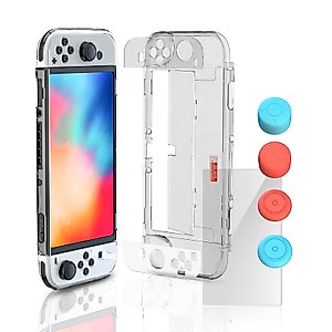 Switch OLED Protective Case, Switch OLED Hard Shell Case with Tempered Glass Screen Protector and 4 Thumb Grips