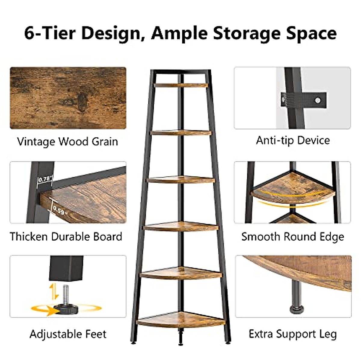 Lulive 6 Tier Corner Shelf, 68.9" Industrial Tall Corner Ladder Shelf Stand, Corner Bookshelf Bookcase for Living Room, Home Office, Balcony, Small Space