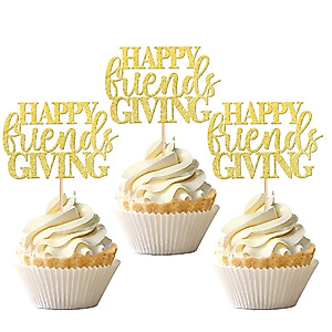 24 PCS Happy Friendsgiving Cupcake Toppers Glitter Fall Theme Thanksgiving Cupcake Picks Give Thanks Cake Decorations for Happy Thanksgiving Day Theme Birthday Party Supplies