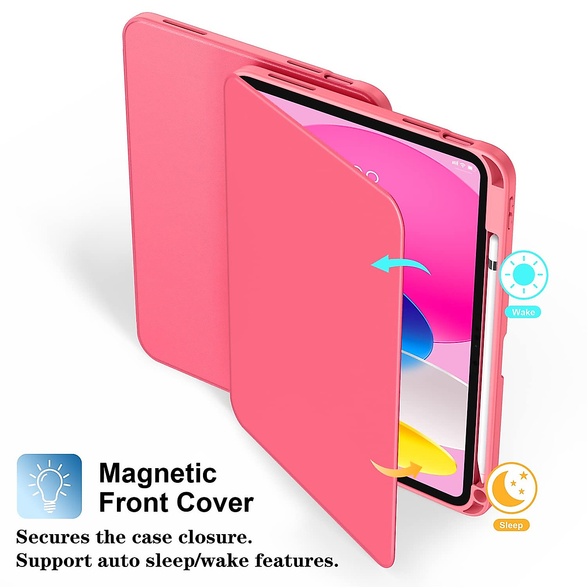 Supveco Case for iPad 10th Generation 2022 with Pencil Holder-(360 Degree Rotation & Auto Wake/Sleep), Premium Folio Stand Case with Flexible Viewing Angles for Apple iPad 10.9 Inch 2022-Watermelon