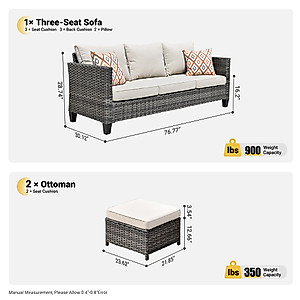 ovios Patio Furniture 3-Pieces Set, Modern All Weather Wicker Rattan Sofa Couch for Yard Porch, Beige Cushion