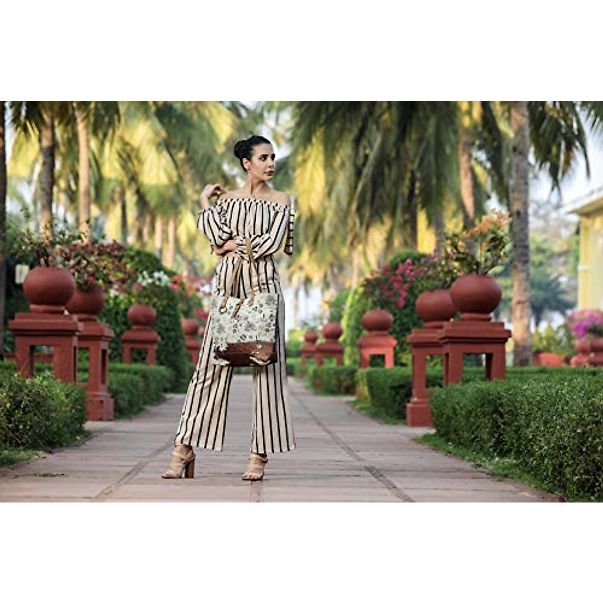 Myra Bag Bract Print Upcycled Canvas & Cowhide Tote Bag S-1435