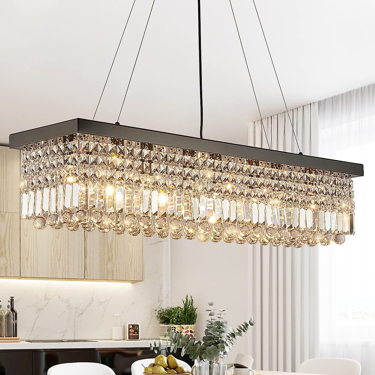 7PM Rectangle K9 Crystal Chandelier Modern Rectangular Pendant Lighting Fixture for Dining Room Kitchen Island Bedroom Black L40 x W10 x H10