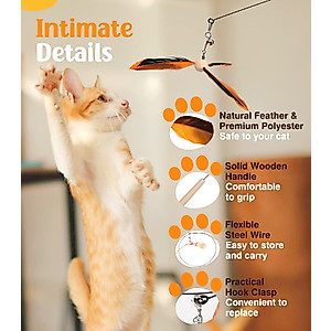 Pawaboo Feather Teaser Cat Toy, Interactive Feather Wand Cat Toy Flying Feather Cat Catcher with Extra Long 35" Wand and Small Bell, Fun Exerciser Playing Toy for Kitten or cat, Orange