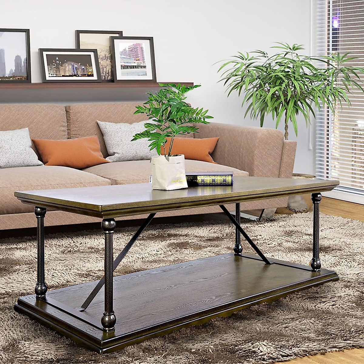 Coffee Table Modern, 47.2" W x 23.6" D x 16.9" H Country Style Coffee Table with Bottom Shelf - Brown & Black