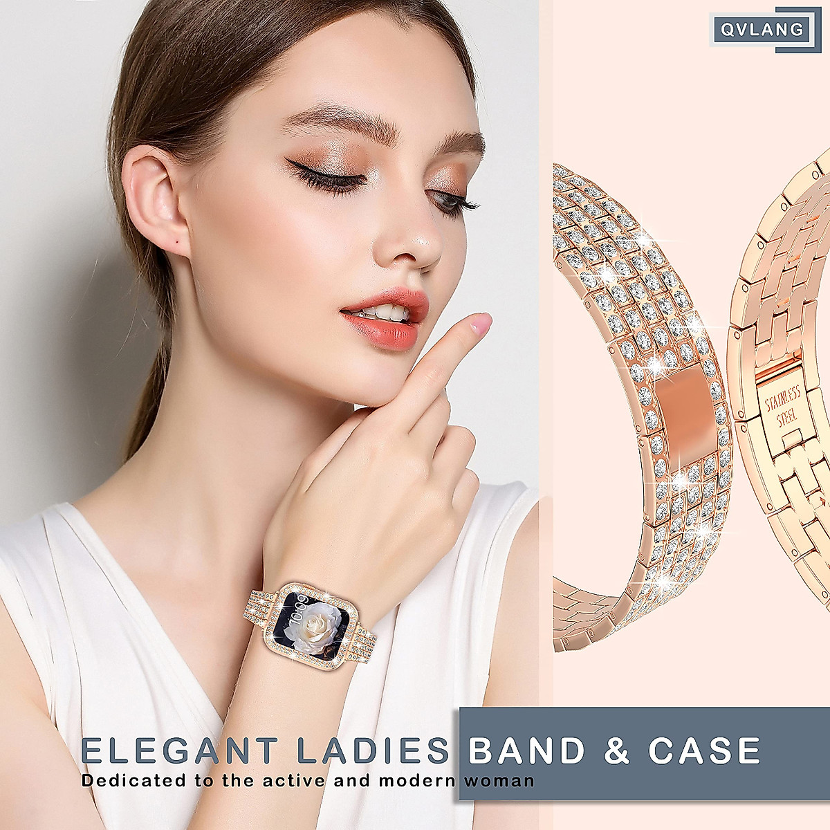 QVLANG Compatible for Apple Watch Band 40mm Series 6/5/4/SE, Diamond Rhinestone Case + Women Bling Band Stainless Steel Metal Bracelet for iWatch (Rose Gold, 40mm)