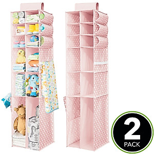 mDesign Long Soft Fabric Over Closet Rod Hanging Storage Organizer with 12 Divided Shelves, Side Pockets for Child/Kids Room or Nursery, Store Diapers, Wipes, Lotions, Toys - 2 Pack - Pink/White