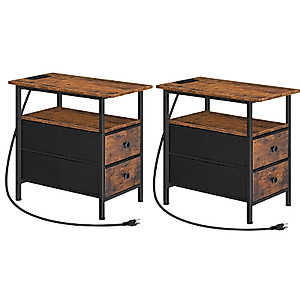 HOOBRO End Table with Charging Station, Set of 2 Narrow Side Tables, Nightstand with 2 Non-Woven Drawers, Slim Sofa Table, for Small Spaces, Living Room, Bedroom, Rustic Brown and Black BF486UBZP201