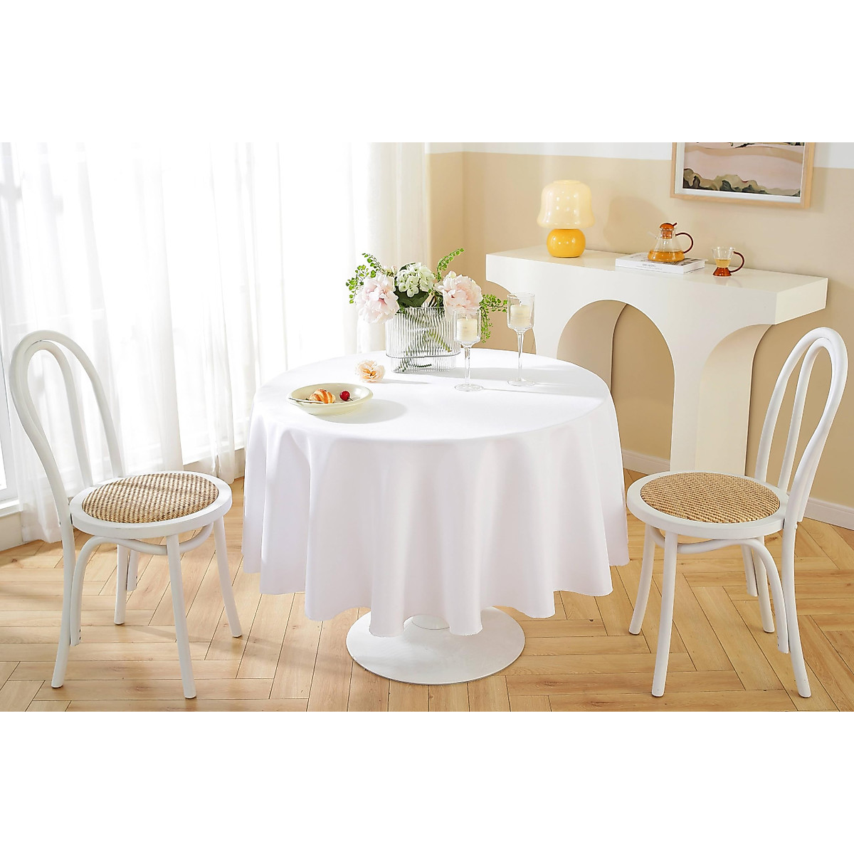 Craft And Party Round Tablecloth, 120 Inch White Tablecloth, Polyester Fabric Washable Table Cloth for Home, Party, Wedding or Restaurant Use.