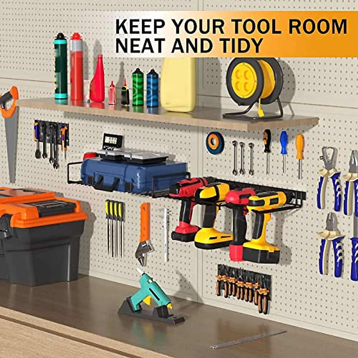 Power Tool Organizer, Garage Tool Storage Rack Wall Mount Heavy Duty Metal Tool Shelf Space Saving Drill Holder Can Hold 4 Power Drill Tools for Home, Garage, Workshop