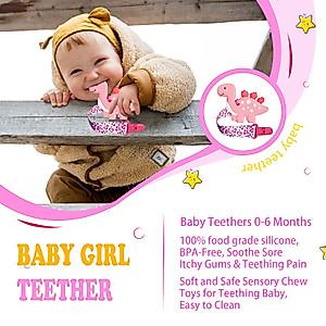 BIGSPINACH 1 Soft Dinosaur Teether for Babies and 1 Baby Pacifier Clip, Valentines Day Gifts for Baby Girl Boy,Silicone Chew Toys for Baby (Grey Dinosaur)