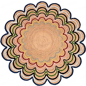 Laxmi Exports 4x4, 5x5, 6x6,feet Natural Jute Scallop Round Rug, Floor Scalloped Edge Rug Braided Boho Eco Large Circular Handmade Area Rugs (WHT_3x3)