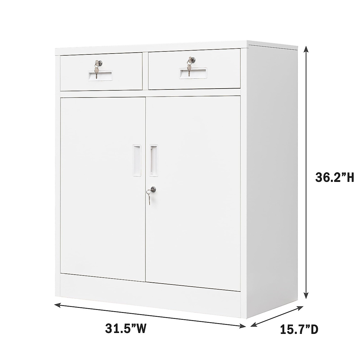 CMY Metal Storage Cabinet with Locking Doors and Adjustable Shelf, 36" H Steel Cabinet with Two Drawers, Locking Storage Cabinet for Office, Garage, Home-White