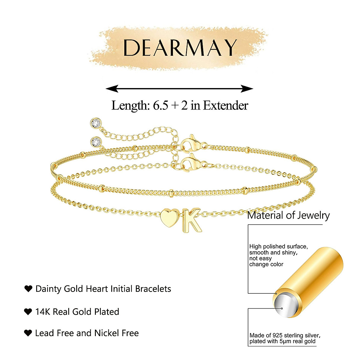 DEARMAY Dainty Gold Charm Bracelets for Women Trendy, 14K Real Gold Initial Heart Letter Bracelet Jewelry Cute Simple Fashion Chain Bracelets for Women Gift K