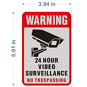 5 Pieces 24 Hours Video Recording Surveillance No Trespassing Sign Sticker. Self Adhesive 5.9 X 4 Inch, It Is Made of Reflective Film,Printed With UV Ink,Waterproof and Sunscreen, Not Fade.