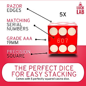 Luck Lab Black Leather Dice Stacking Cup with 5 Serialized Razor Edge 19 mm Casino Dice - Pro Straight Cup for Stacking and Magic Tricks (Red Dice)