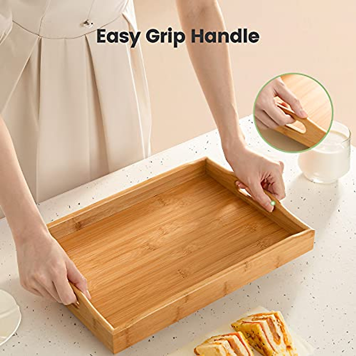 3 Pack Bamboo Serving Tray Food Tray with Handles, Multi-Use Platter Trays Set for Food, Coffee, Breakfast, Tea, Snack, Wooden Decor Tray Used in Kitchen, Dining Room, Party, Restaurants by Pipishell