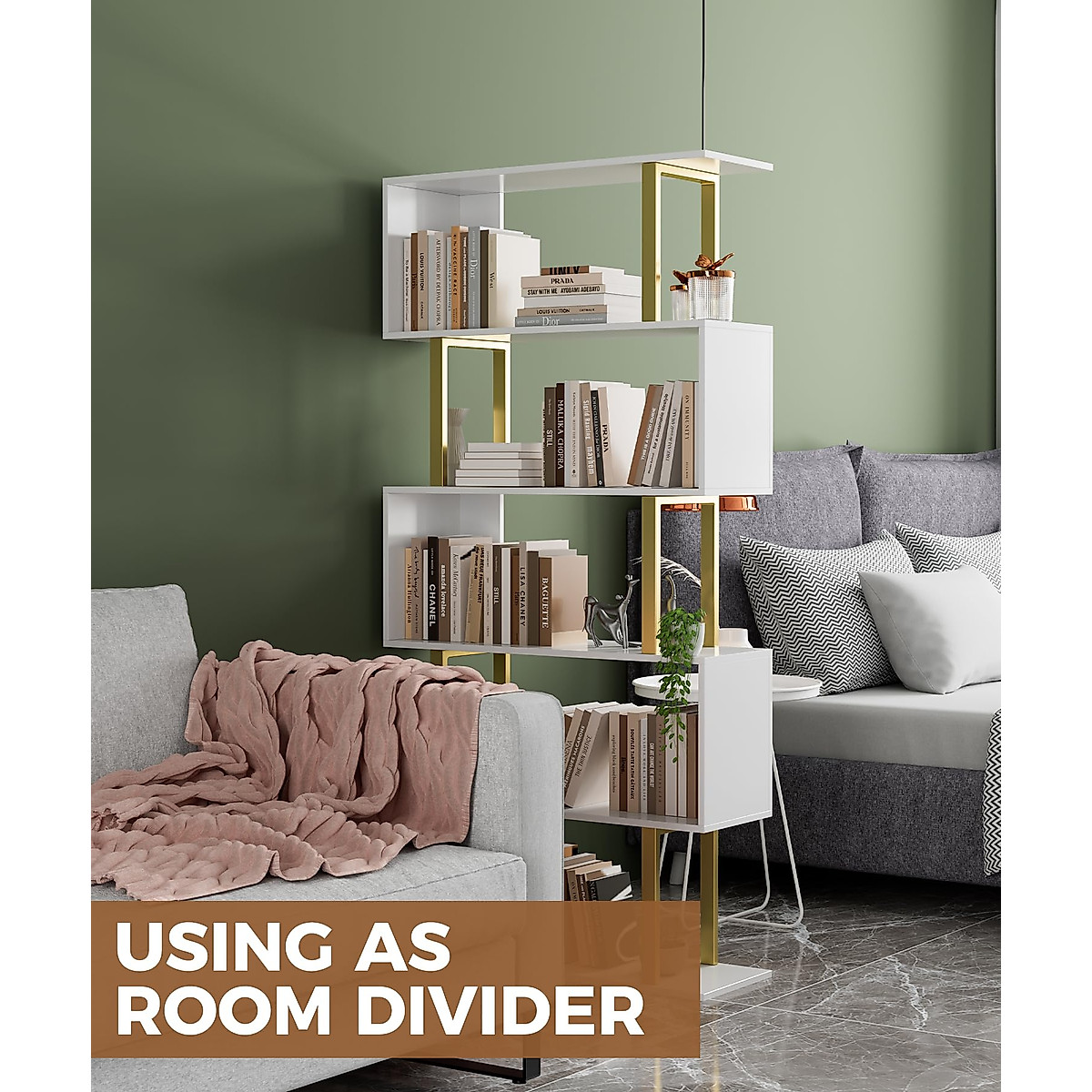 Gadroad 5 Tier Geometric Bookcase,S Shaped Bookshelf, Wood Decorative Storage Shelving, Modern Freestanding Display Shelves, Tall Book Shelf Unit for Living Room Bedroom, Gold