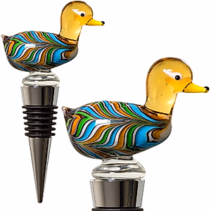 Glass Duck Wine Stopper - Champagne/Wine Bottle Stopper, Decorative, Colorful, Unique, Eye-Catching Glass Wine Stoppers – Mallard Duck Décor, Wine Accessories Gift for Hostess - Wine Corker / Sealer