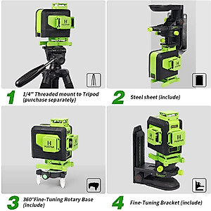 Laser Level Self-leveling Huepar 4x360 Green Cross Line Floor Laser Tool with Remote Control -2 x 360 Horizontal/Vertical Lines Nivel láser with Rechargeable Li-ion Battery & magnetic Bracket-904DG