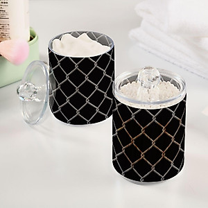 2 PACK Black Mesh Qtip Holder Dispenser for Cotton Ball, Cotton Swab, Cotton Round Pads, Floss Picks - Plastic Apothecary Jar Set for Bathroom Canister Storage Organization