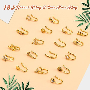 CrazyPiercing 18Pcs Fake Nose Ring CZ African Nose Cuffs Gold Faux Septum Nose Rings Clip on Nose Jewelry for Woman Non Pierced Jewelry(18P)