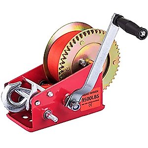 Hand Winch Heavy Duty 3500lbs with Nylon Strap and Ratchet Handle Hook 2 Gear Manual Crank Towing Winch for ATV Boat Trailer Truck Auto (3500 Red)